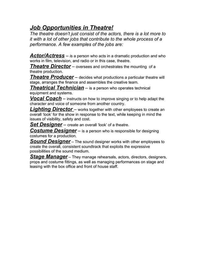 Job Opportunities In Theatre | DOC | Theater | Fine Art