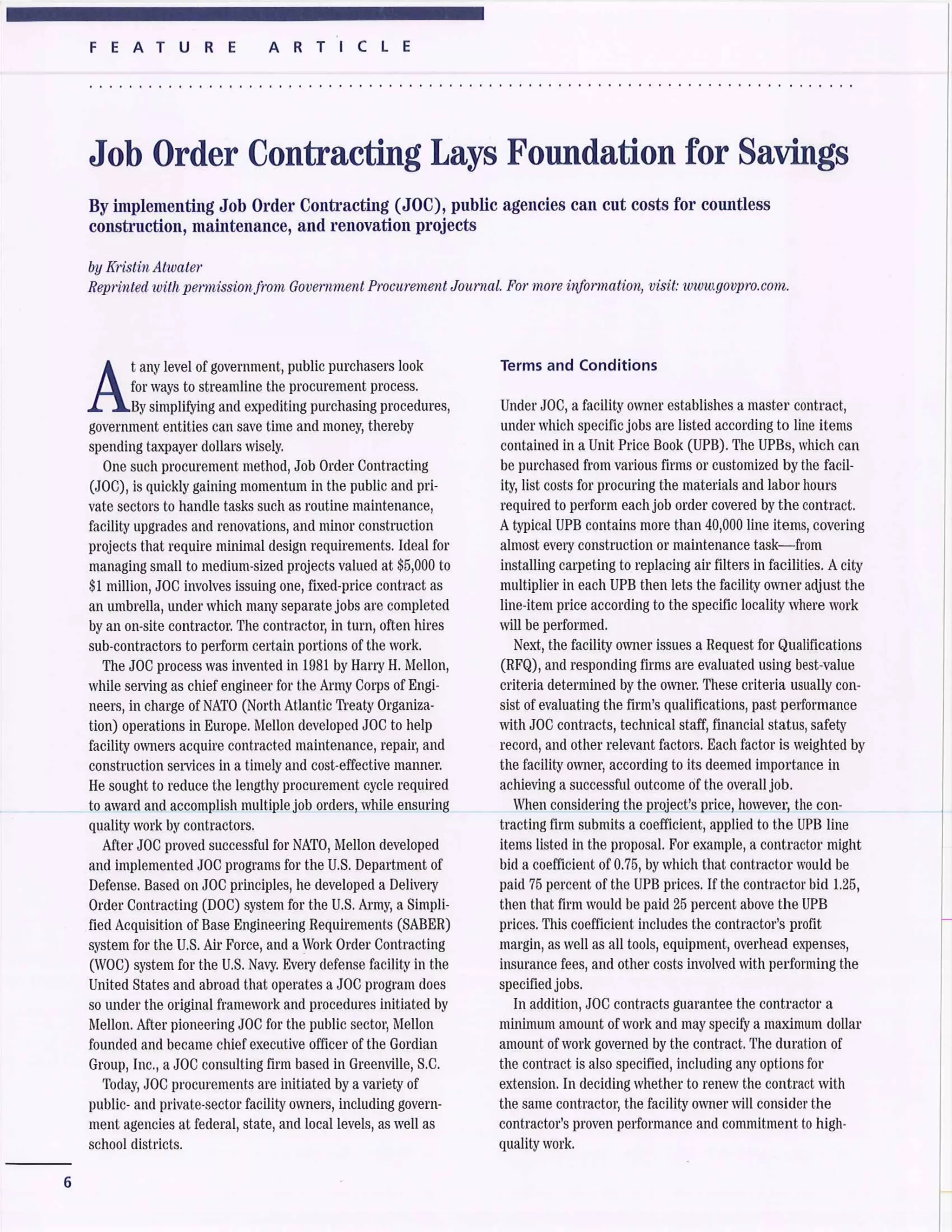 Job Order Contracting Lays Foundation For Savings | PDF