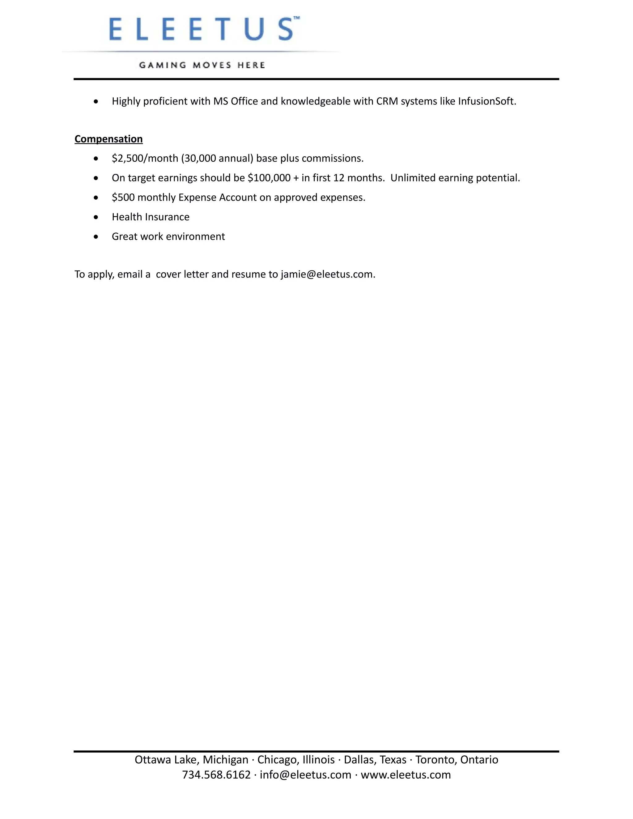 Eleetus is Hiring across the Midwest, Southern Florida, and the greater NYC metro area. | PDF