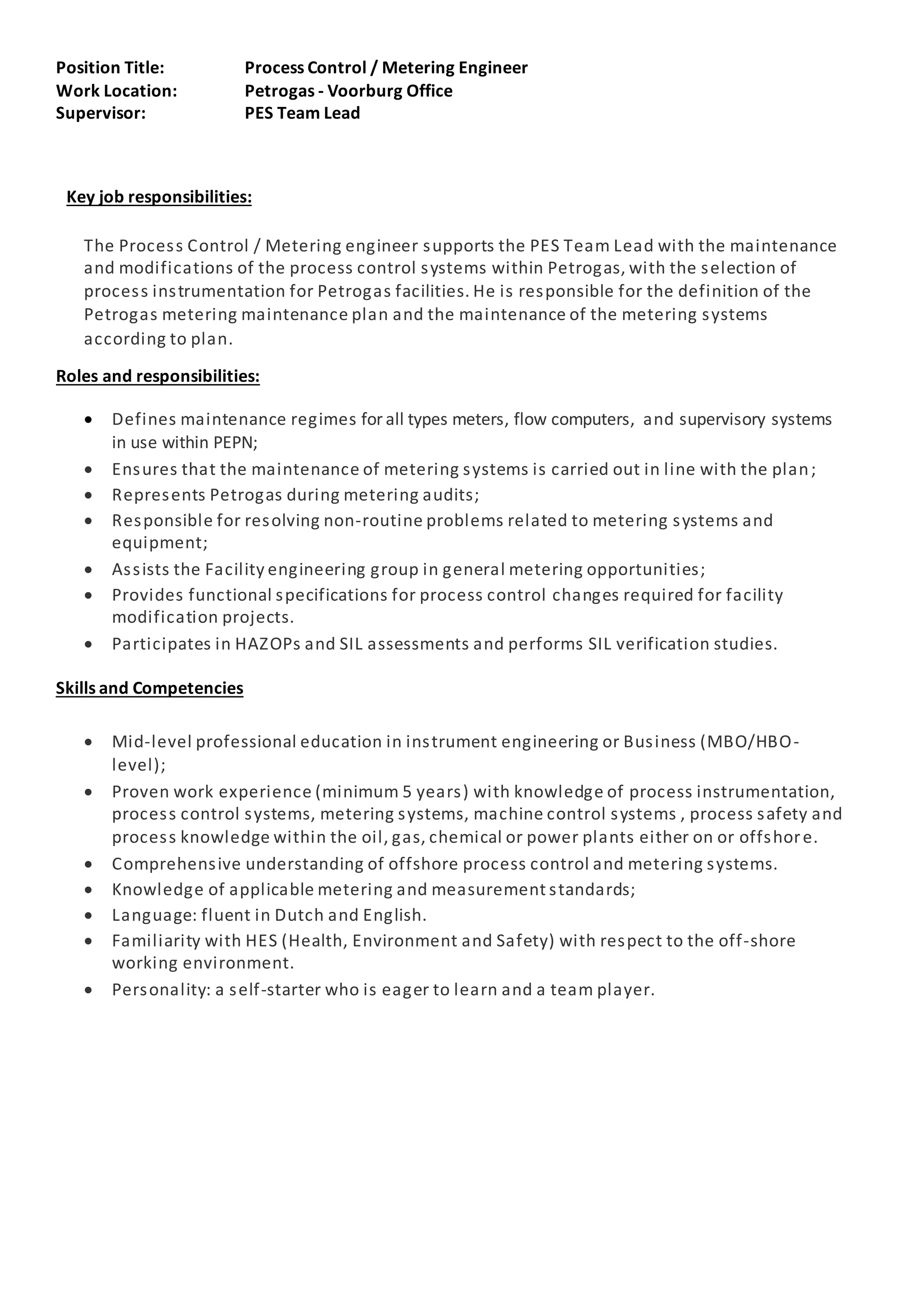 Job profile process control metering engineer | DOCX