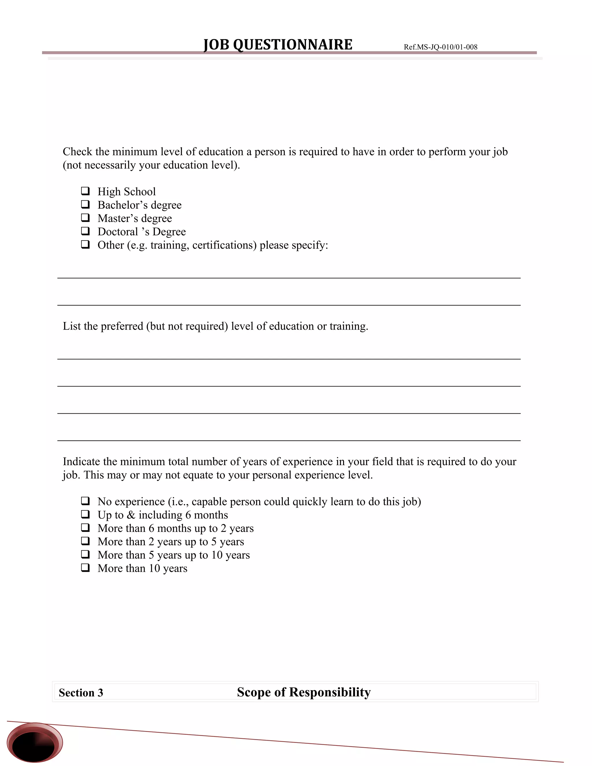 Job questionnaire | PDF