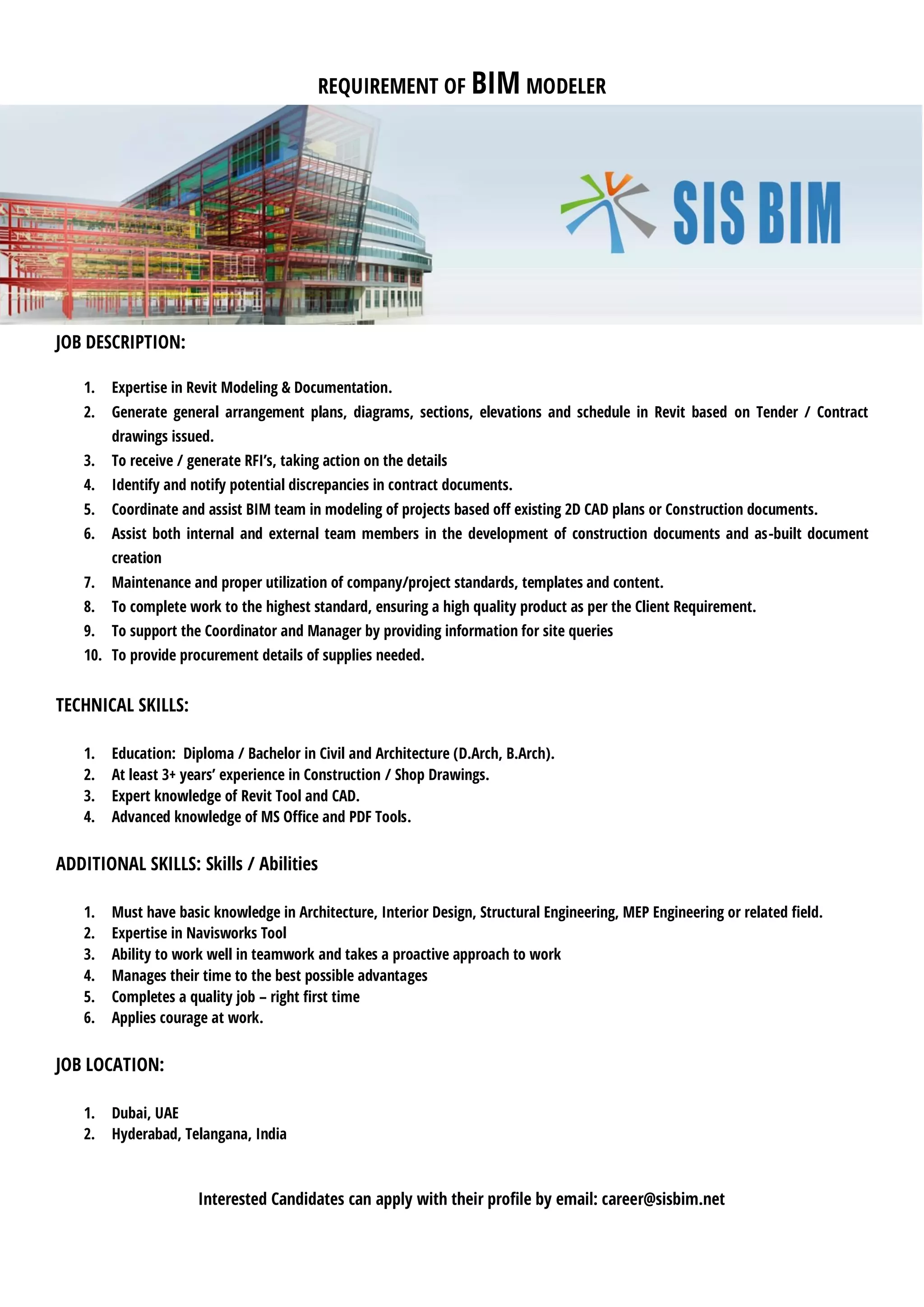 REQUIREMENT OF BIM MODELER | PDF