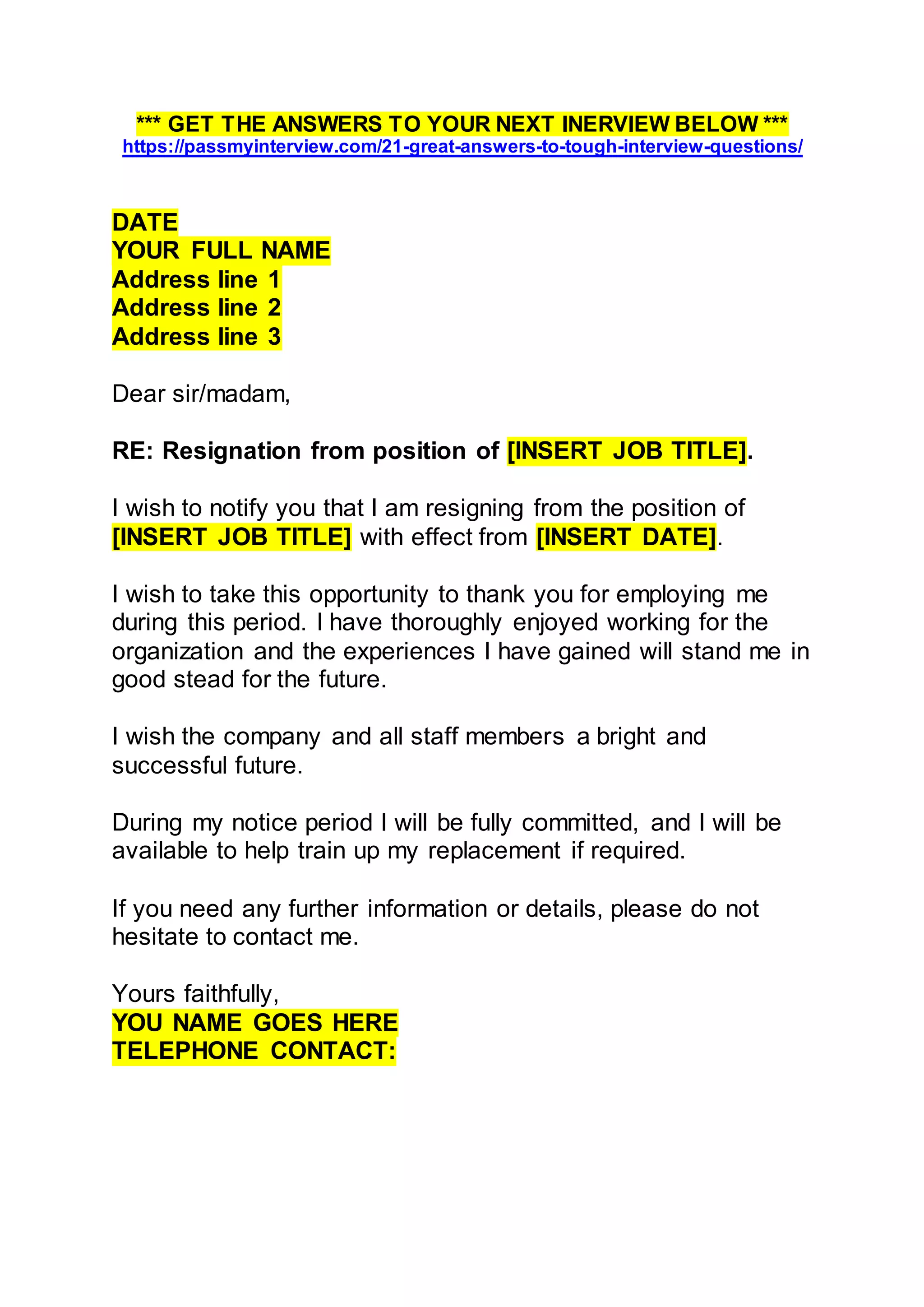JOB RESIGNATION LETTER SAMPLE + TEMPLATE | PDF