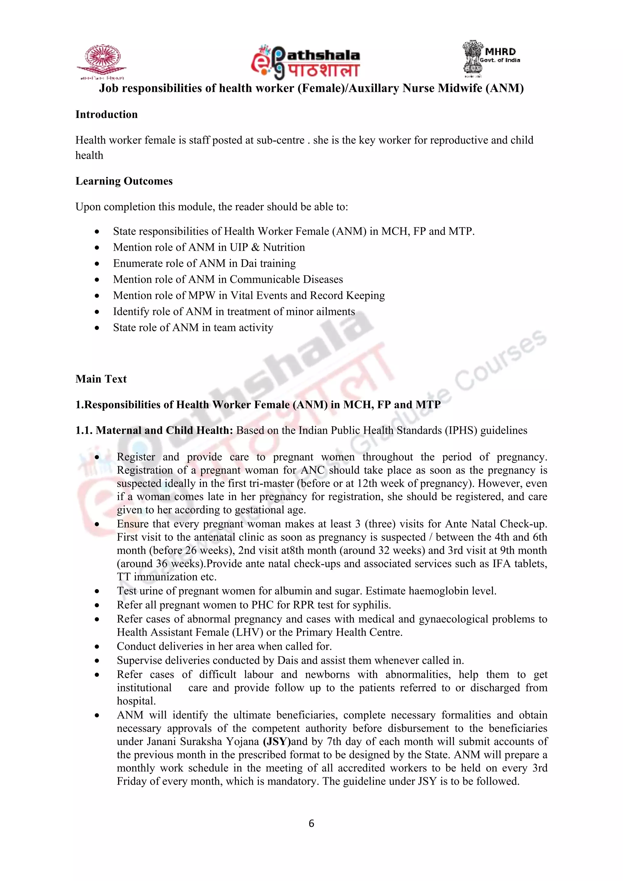Job responsibilities of health workers ( male & female) | PDF