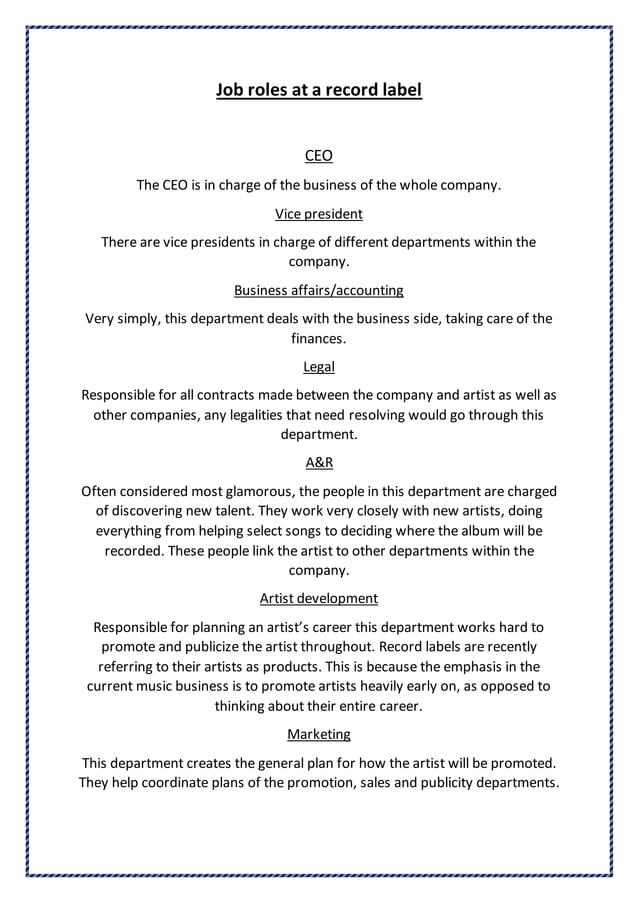 Job roles at a record label | PDF