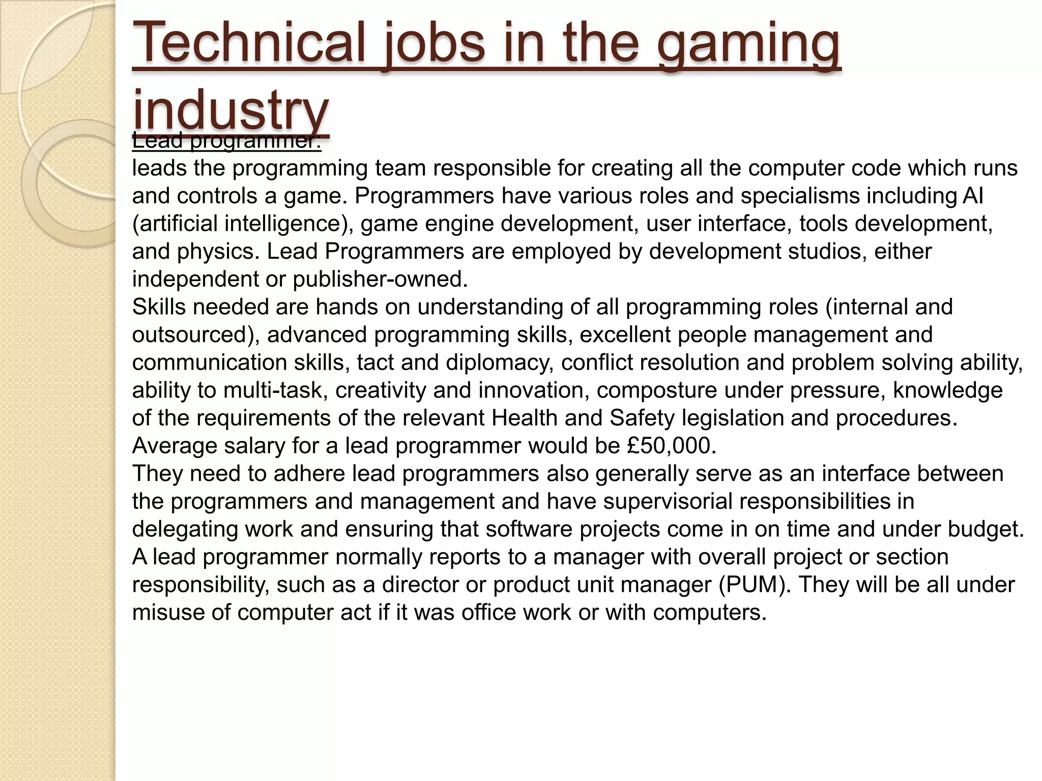 Job roles in the gaming industry irene | PPTX