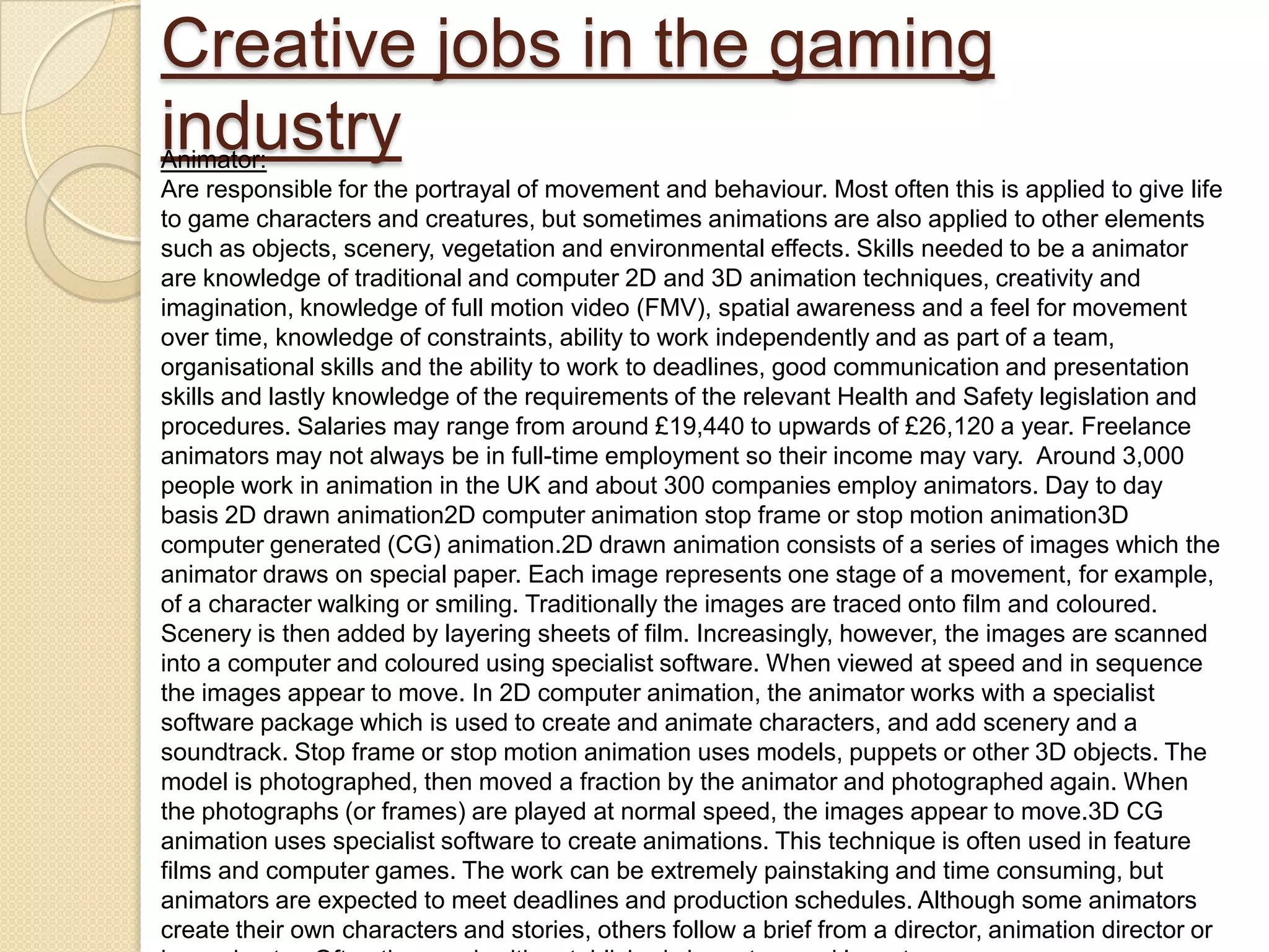 Job roles in the gaming industry irene | PPTX