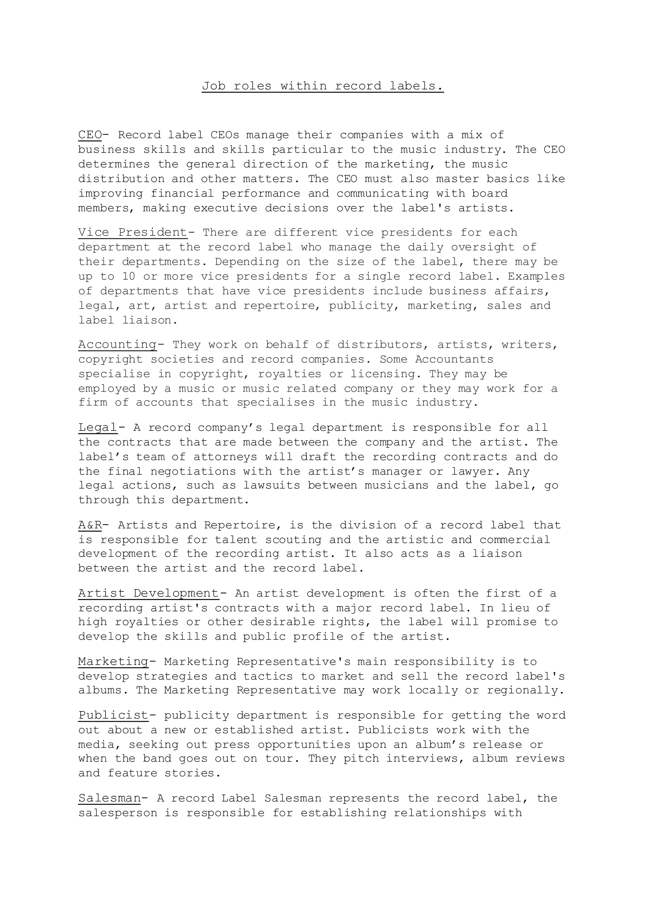 Job roles within record labels | PDF