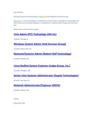 Jobsbridge System And Network Admin Jobs Update 21st May | DOC