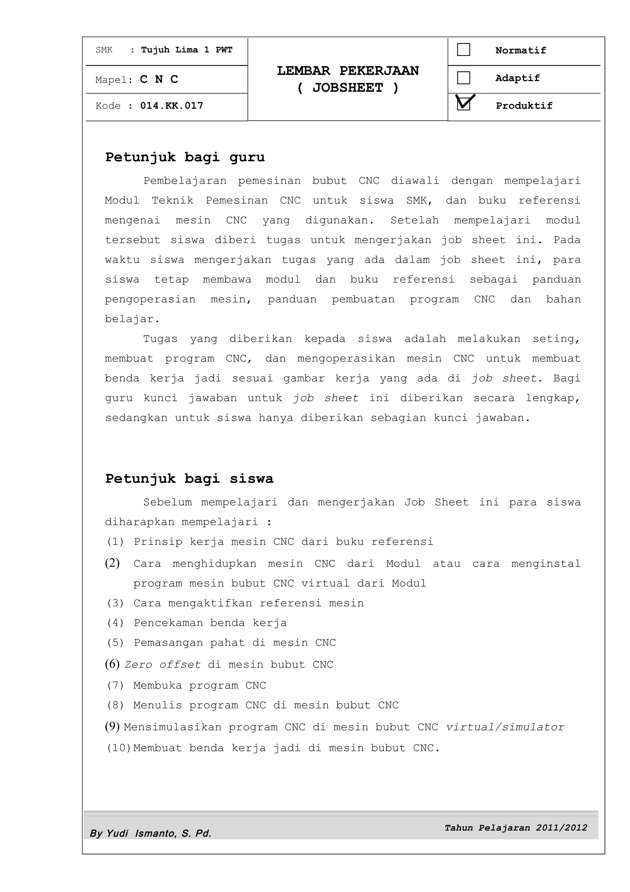 Jobsheet cnc lathe sinumeric 802 c | DOC
