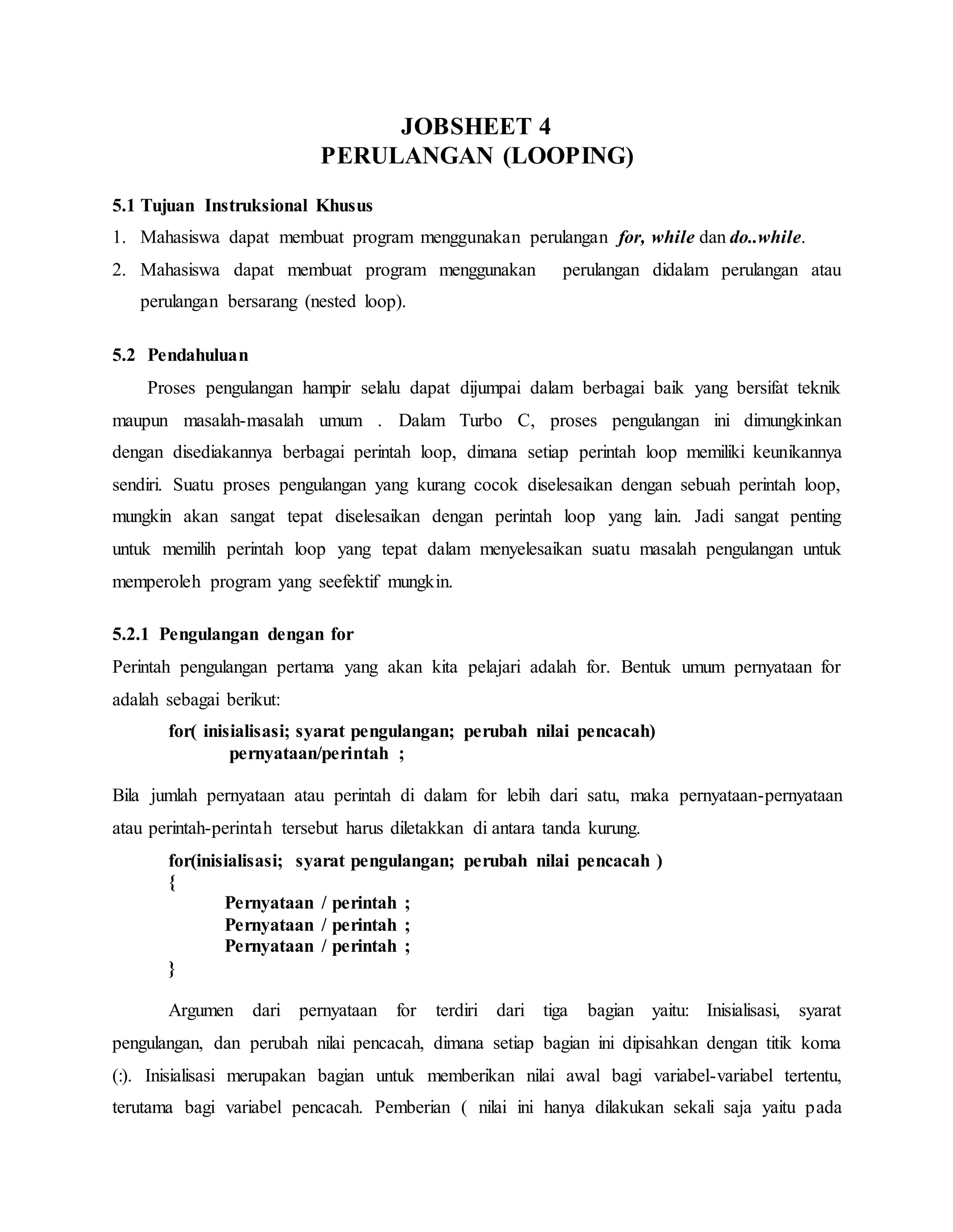 Jobsheet 4 LOOPING( PENGULANGAN) | DOCX