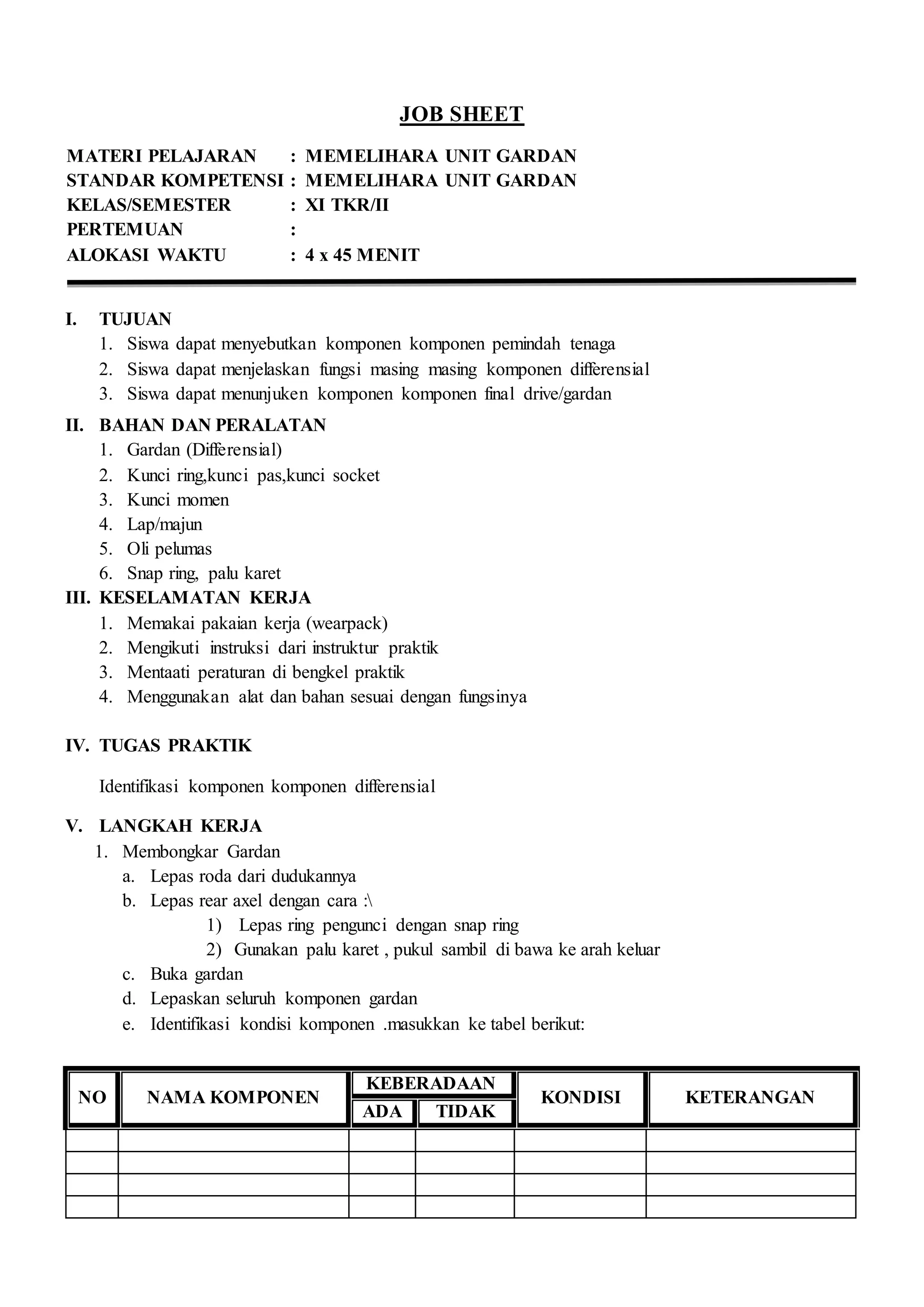 Job sheet gardan | DOCX