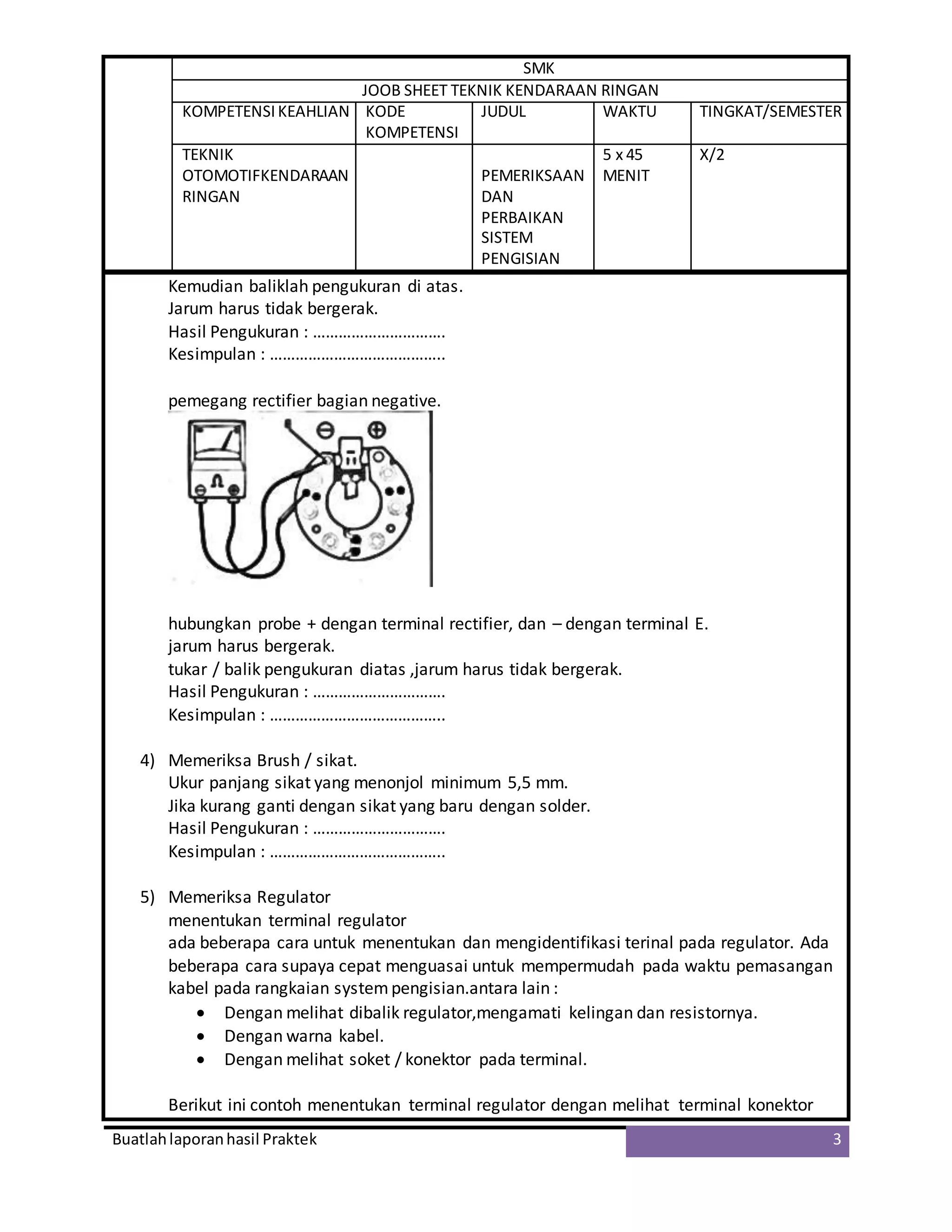 Jobsheet pemeriksaan dan perbaikan sistem pengisian | DOCX