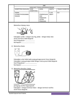 Jobsheet pemeriksaan dan perbaikan sistem pengisian | DOCX