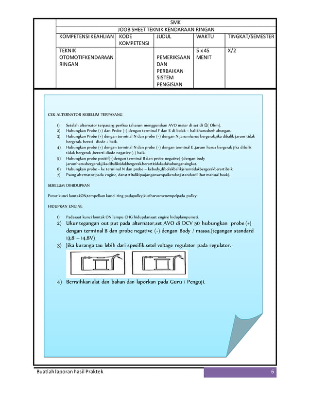 Jobsheet pemeriksaan dan perbaikan sistem pengisian | DOCX