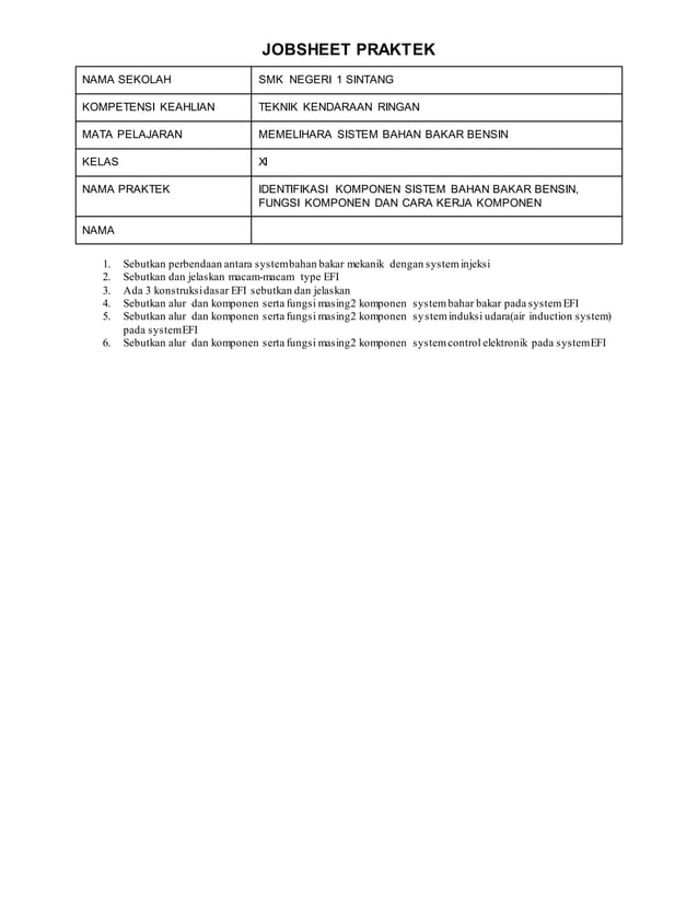 Jobsheet praktek 1 bb bensin | PDF
