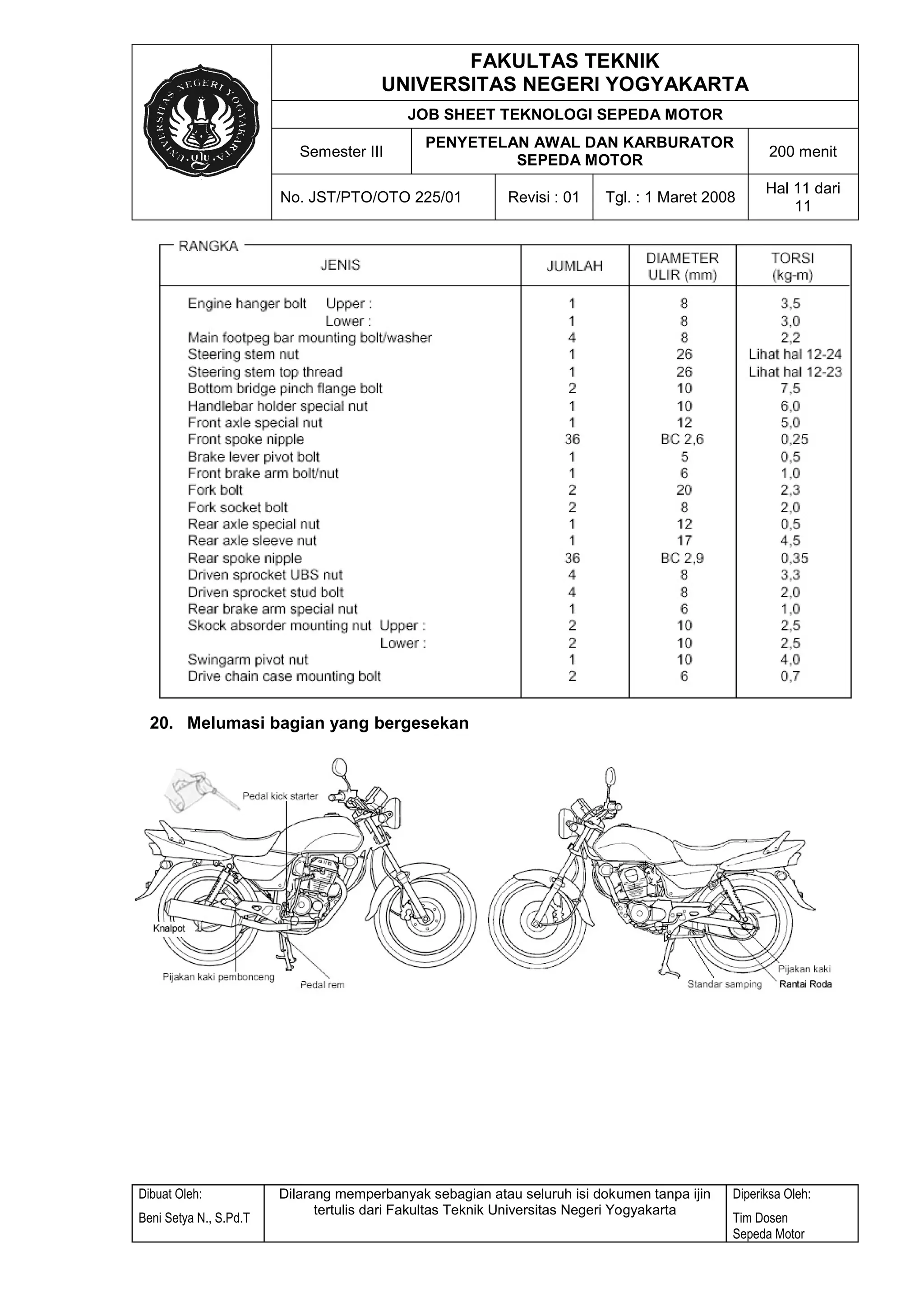 Jobsheet teknologi sepeda motor oto 225 iso komplit | PDF