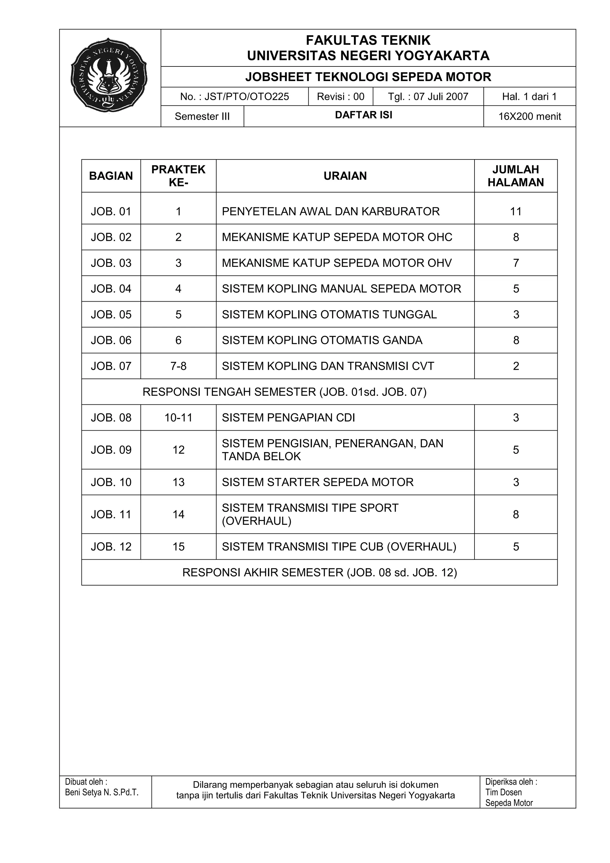Jobsheet teknologi sepeda motor oto 225 iso komplit | PDF