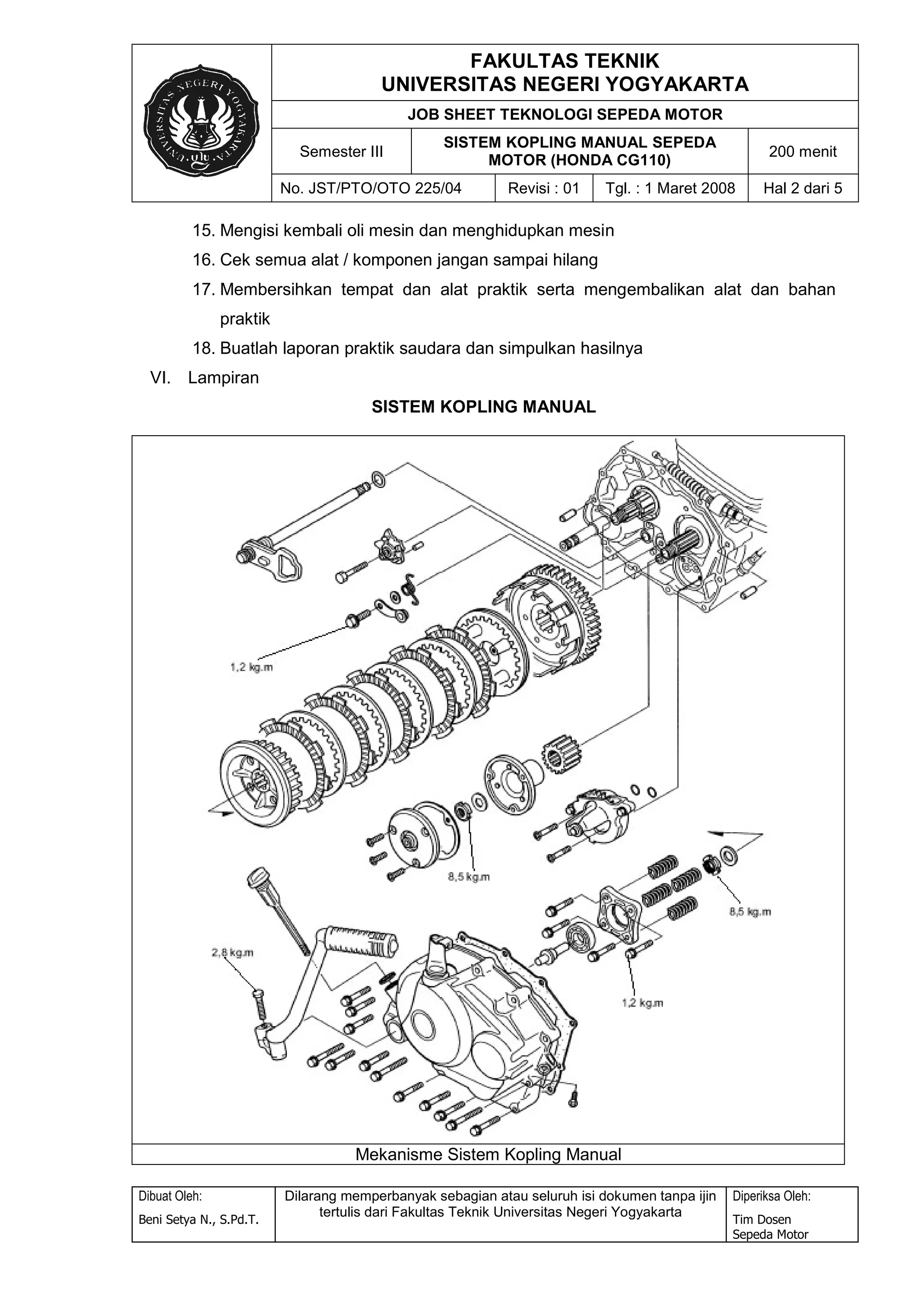 Jobsheet teknologi sepeda motor oto 225 iso komplit | PDF
