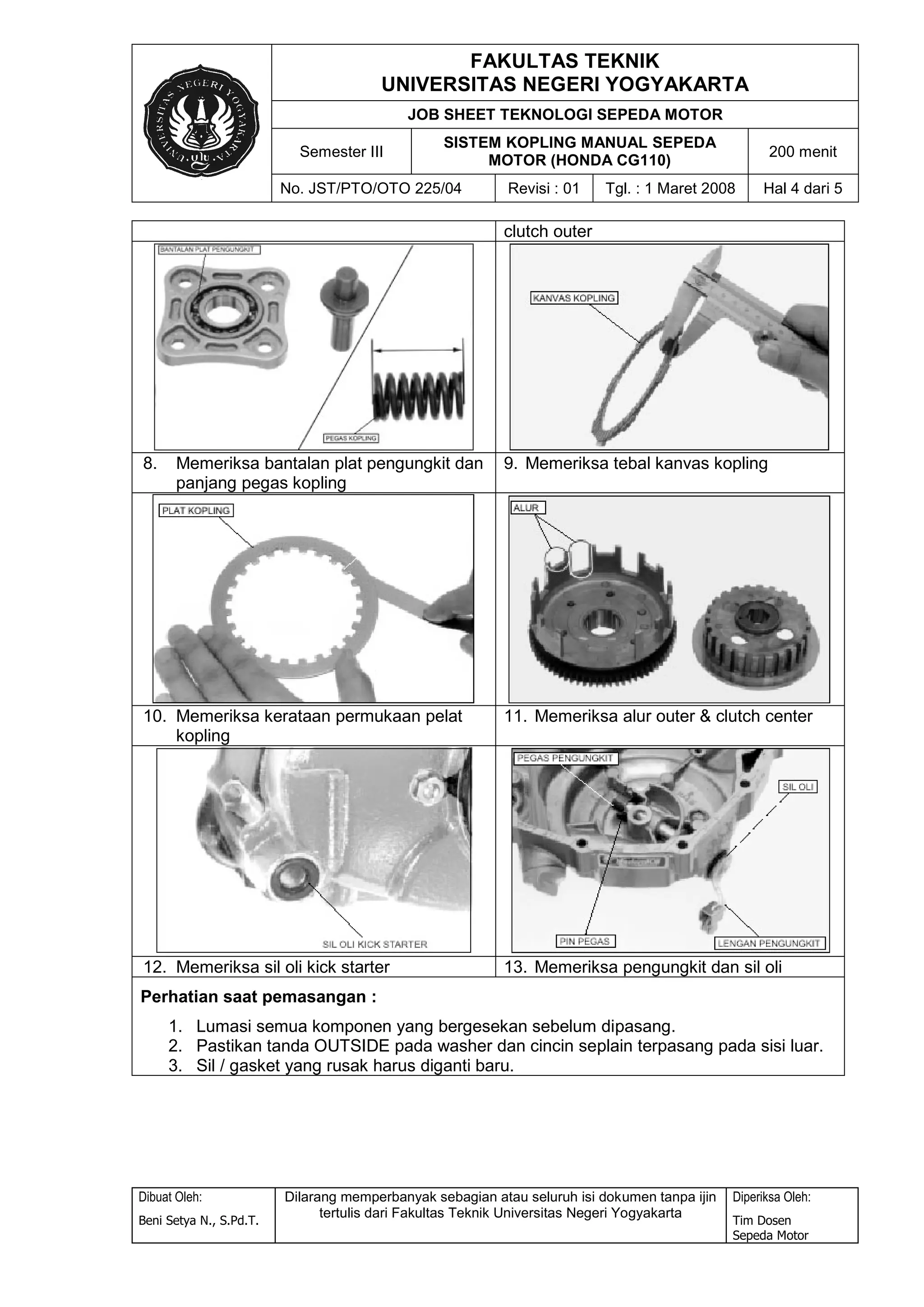 Jobsheet teknologi sepeda motor oto 225 iso komplit | PDF