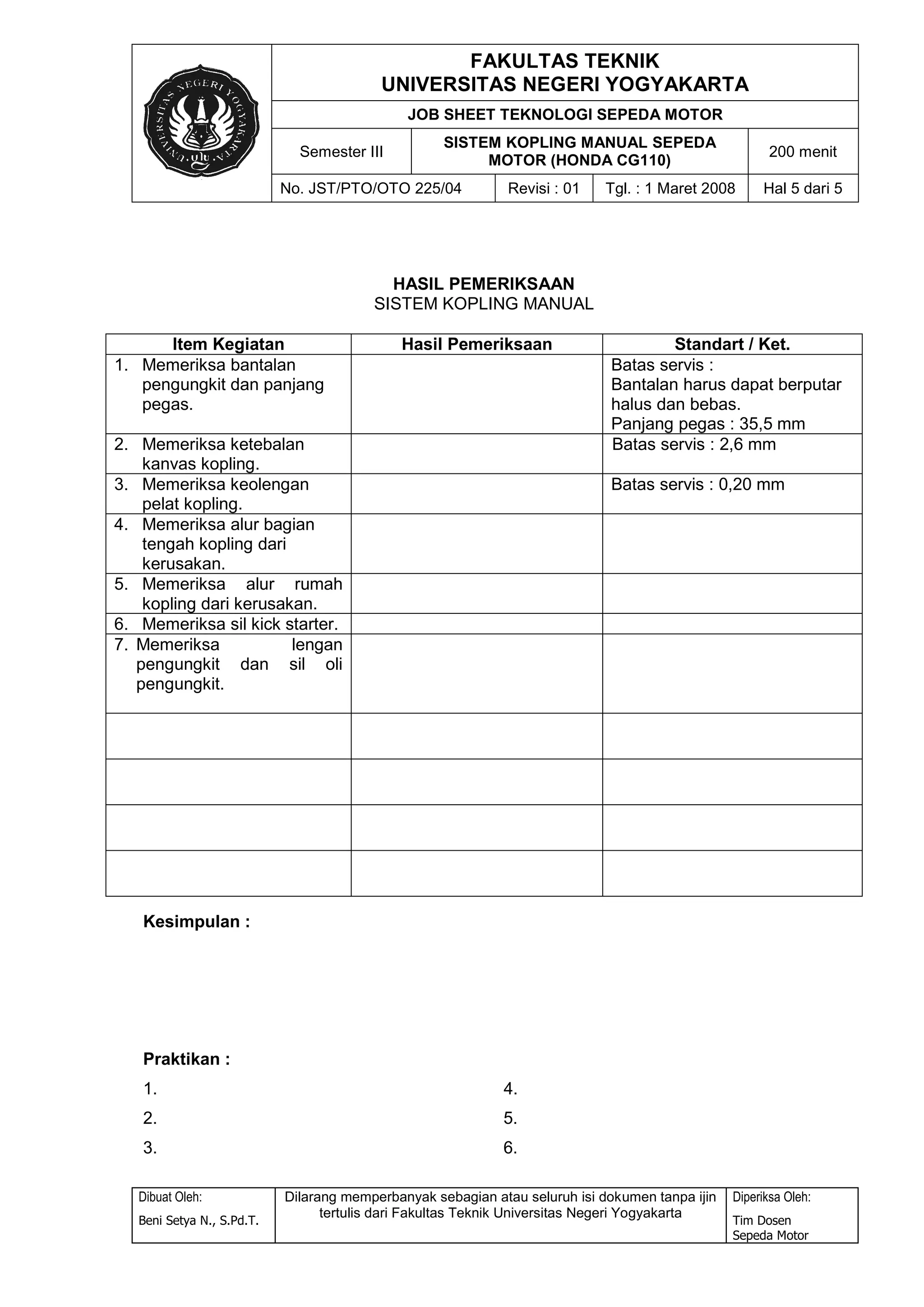 Jobsheet teknologi sepeda motor oto 225 iso komplit | PDF