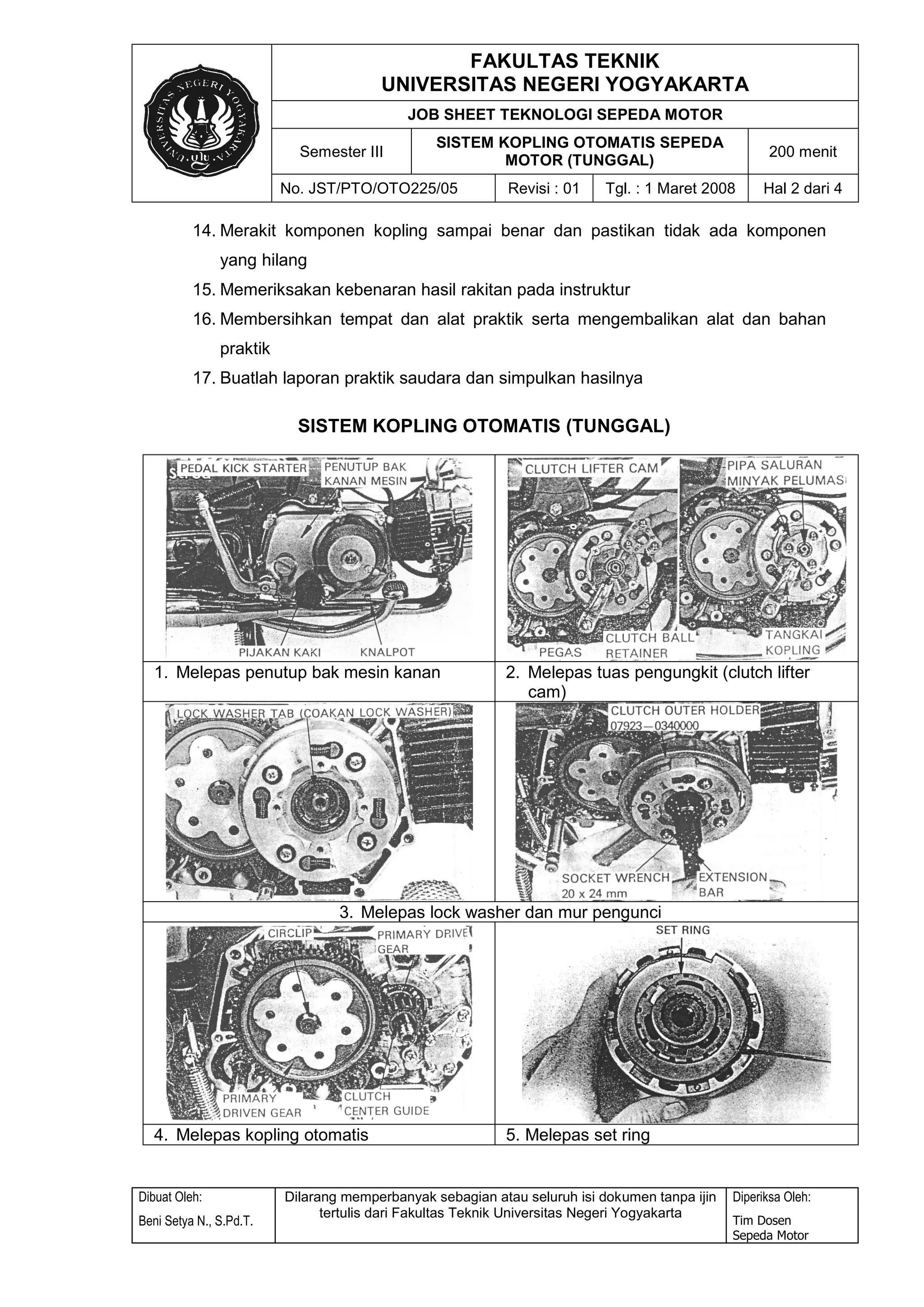 Jobsheet teknologi sepeda motor oto 225 iso komplit | PDF