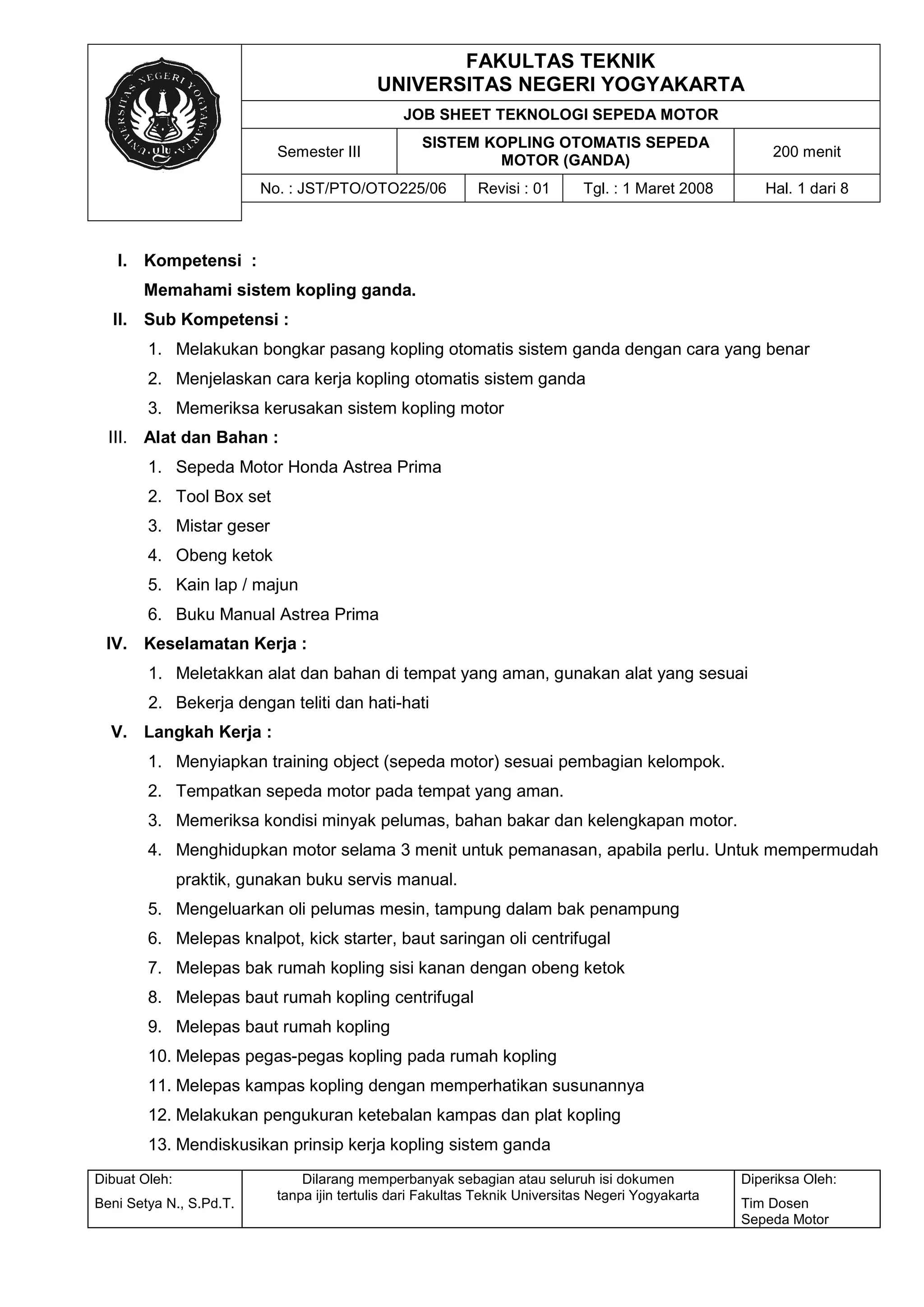 Jobsheet teknologi sepeda motor oto 225 iso komplit | PDF