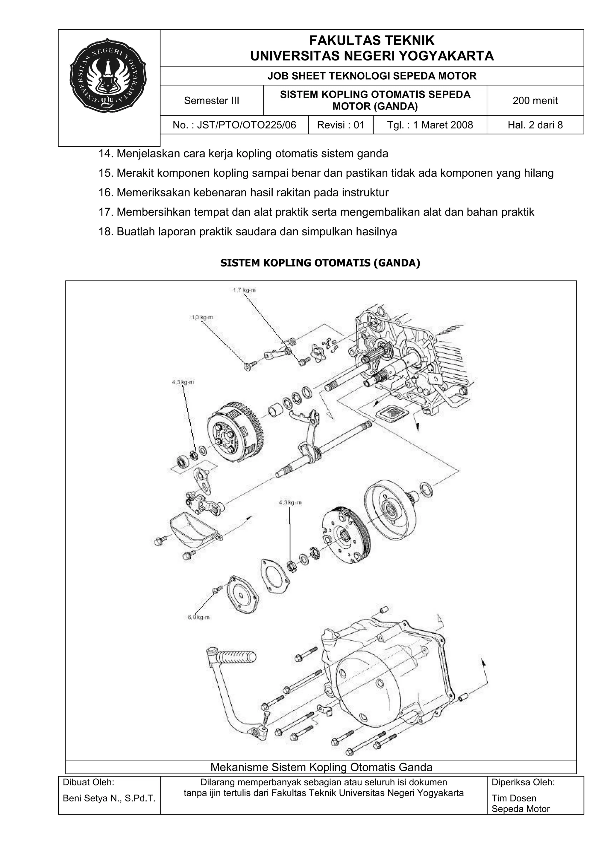 Jobsheet teknologi sepeda motor oto 225 iso komplit | PDF