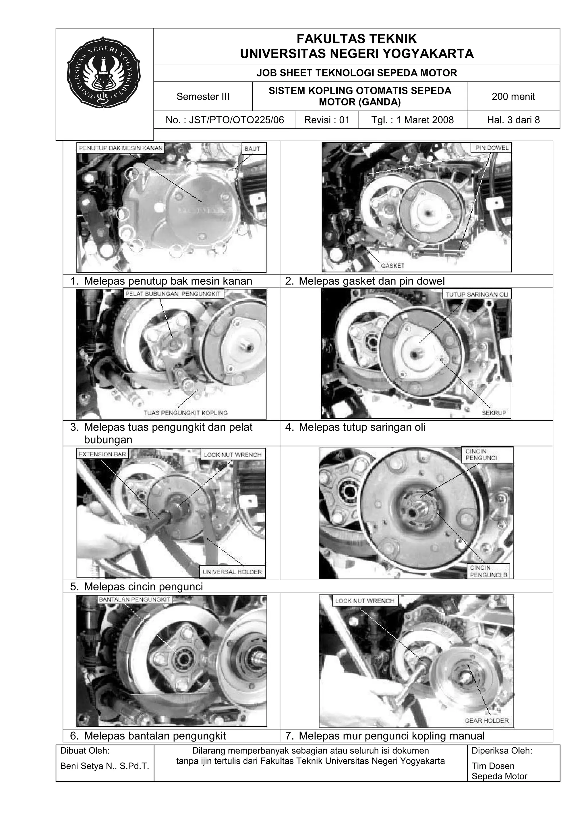 Jobsheet teknologi sepeda motor oto 225 iso komplit | PDF