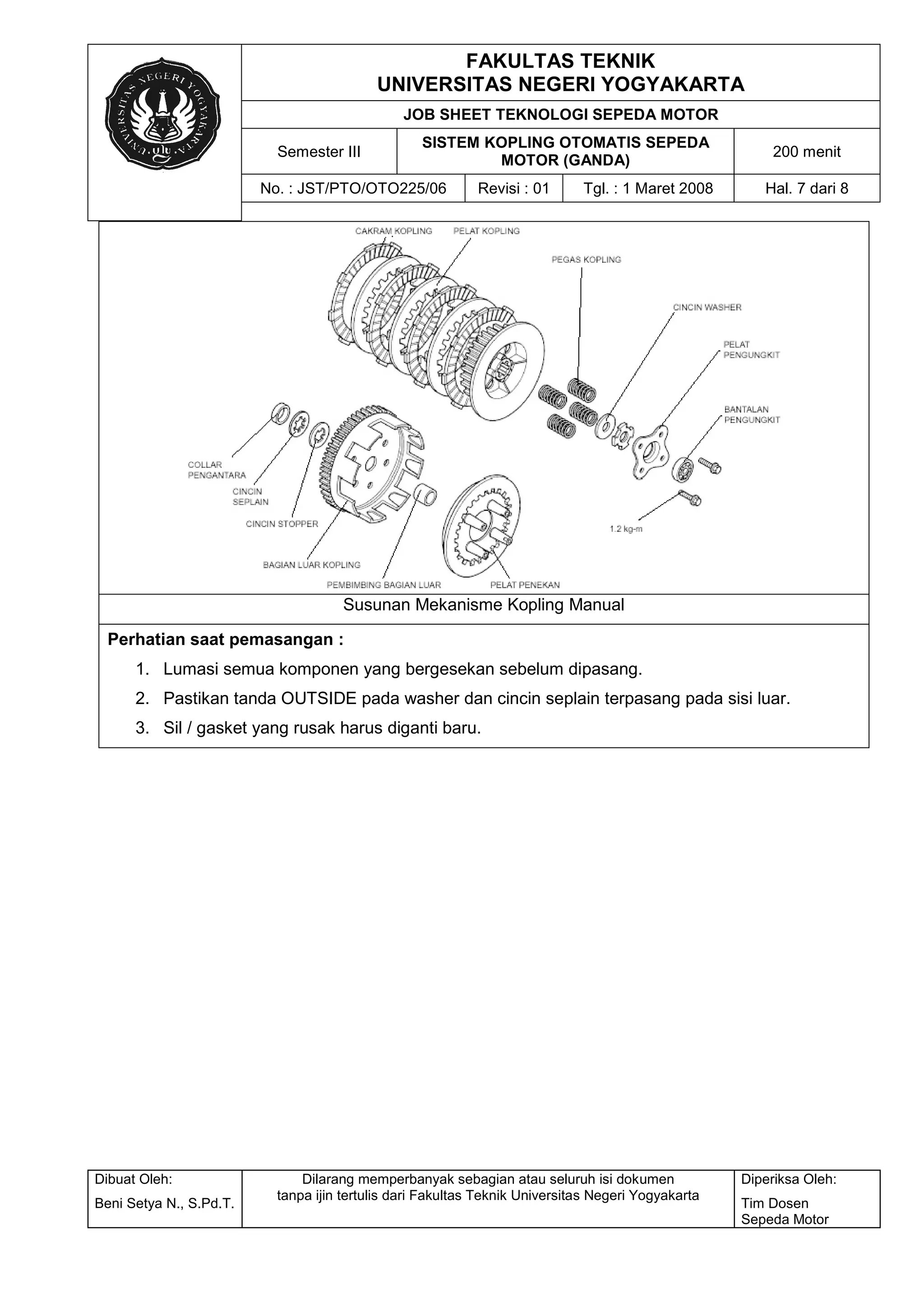 Jobsheet teknologi sepeda motor oto 225 iso komplit | PDF