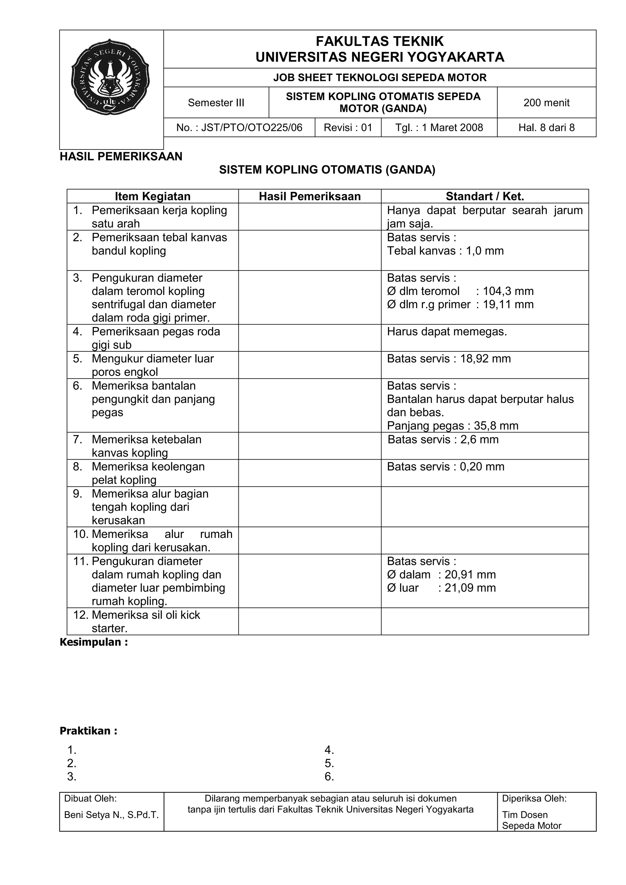 Jobsheet teknologi sepeda motor oto 225 iso komplit | PDF