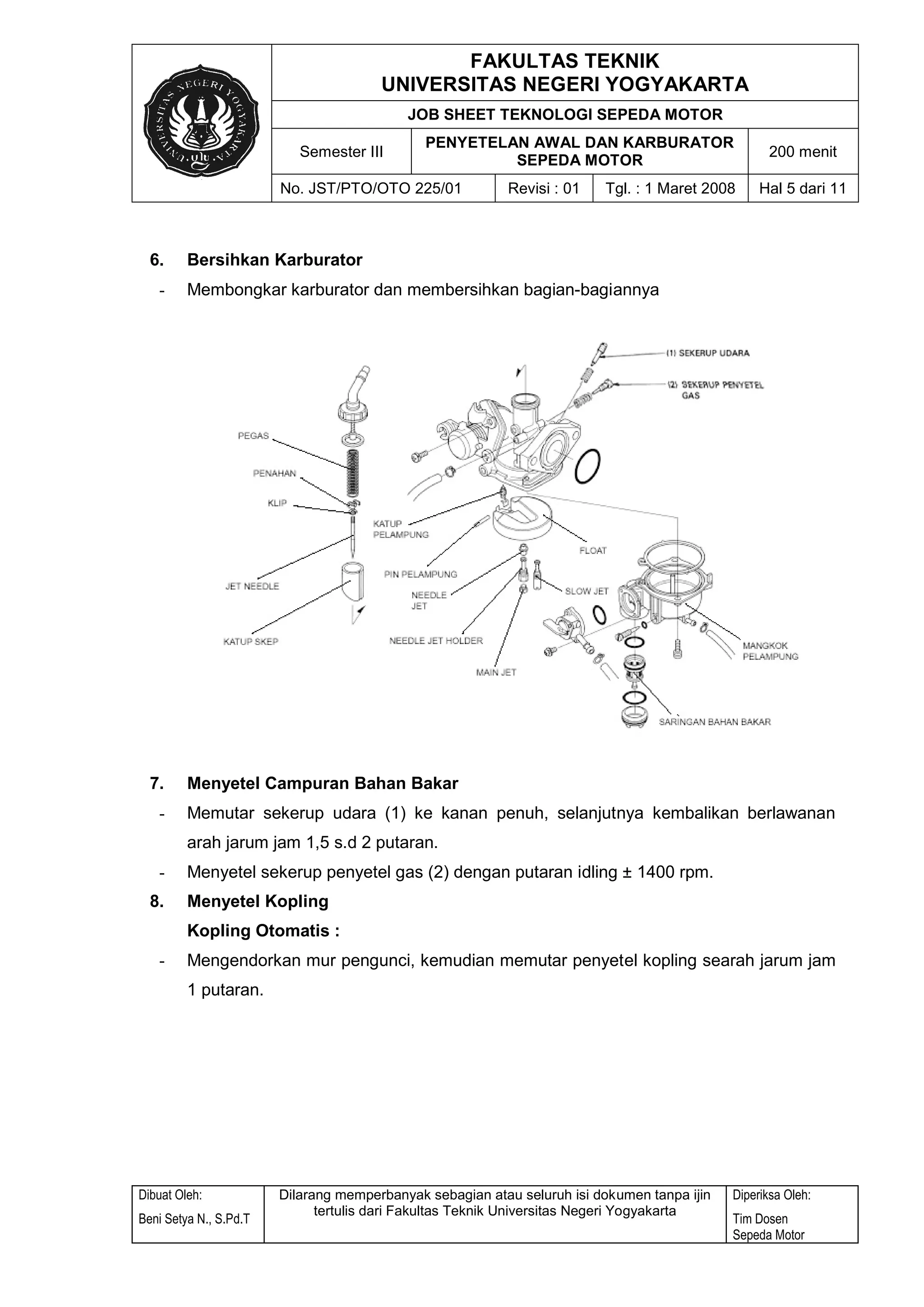 Jobsheet teknologi sepeda motor oto 225 iso komplit | PDF