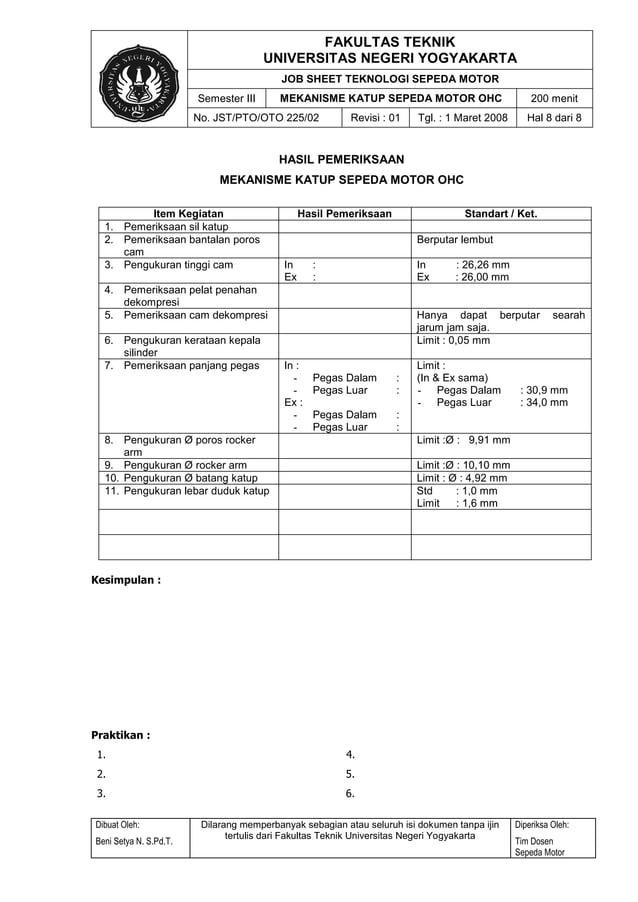 Jobsheet teknologi sepeda motor oto 225 iso komplit | PDF