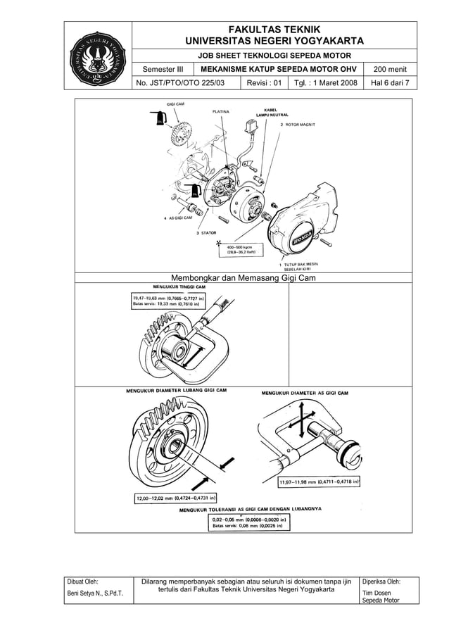 Jobsheet teknologi sepeda motor oto 225 iso komplit | PDF