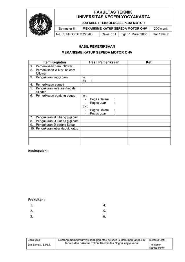 Jobsheet teknologi sepeda motor oto 225 iso komplit | PDF