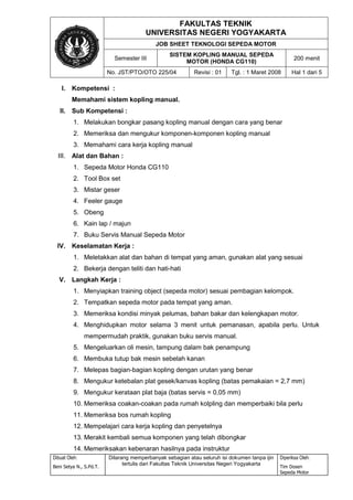 Jobsheet teknologi sepeda motor oto 225 iso komplit | PDF