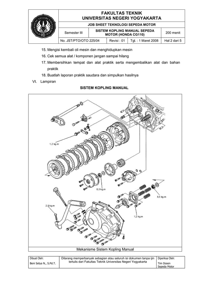 Jobsheet teknologi sepeda motor oto 225 iso komplit | PDF