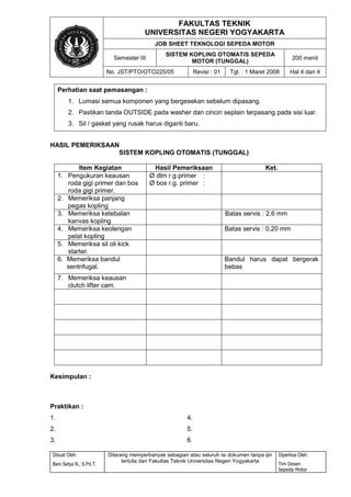 Jobsheet teknologi sepeda motor oto 225 iso komplit | PDF