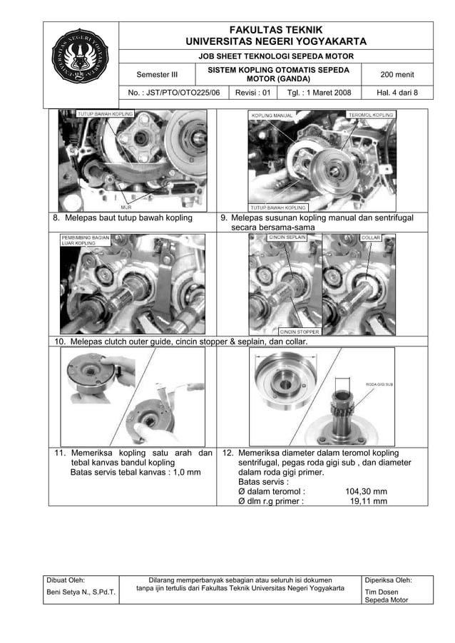 Jobsheet teknologi sepeda motor oto 225 iso komplit | PDF