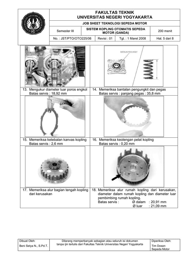 Jobsheet teknologi sepeda motor oto 225 iso komplit | PDF