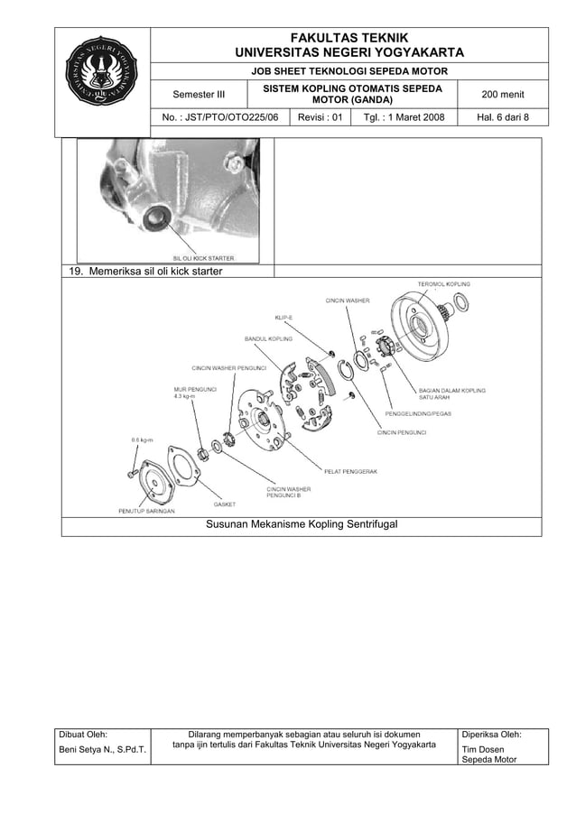 Jobsheet teknologi sepeda motor oto 225 iso komplit | PDF