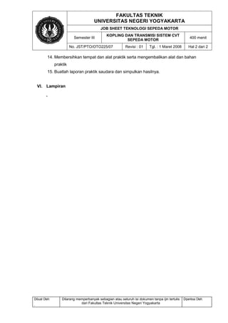 Jobsheet teknologi sepeda motor oto 225 iso komplit | PDF