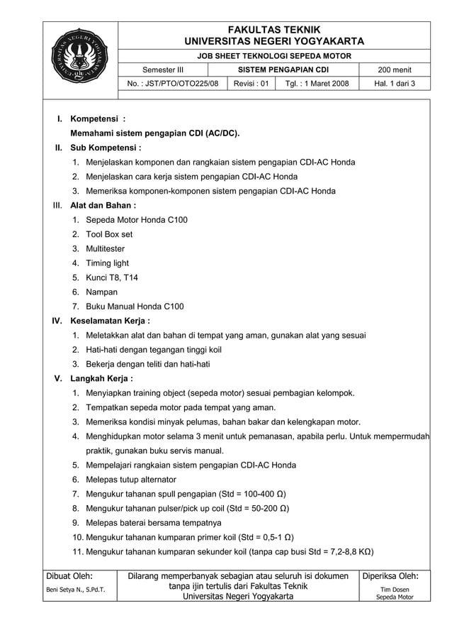 Jobsheet teknologi sepeda motor oto 225 iso komplit | PDF