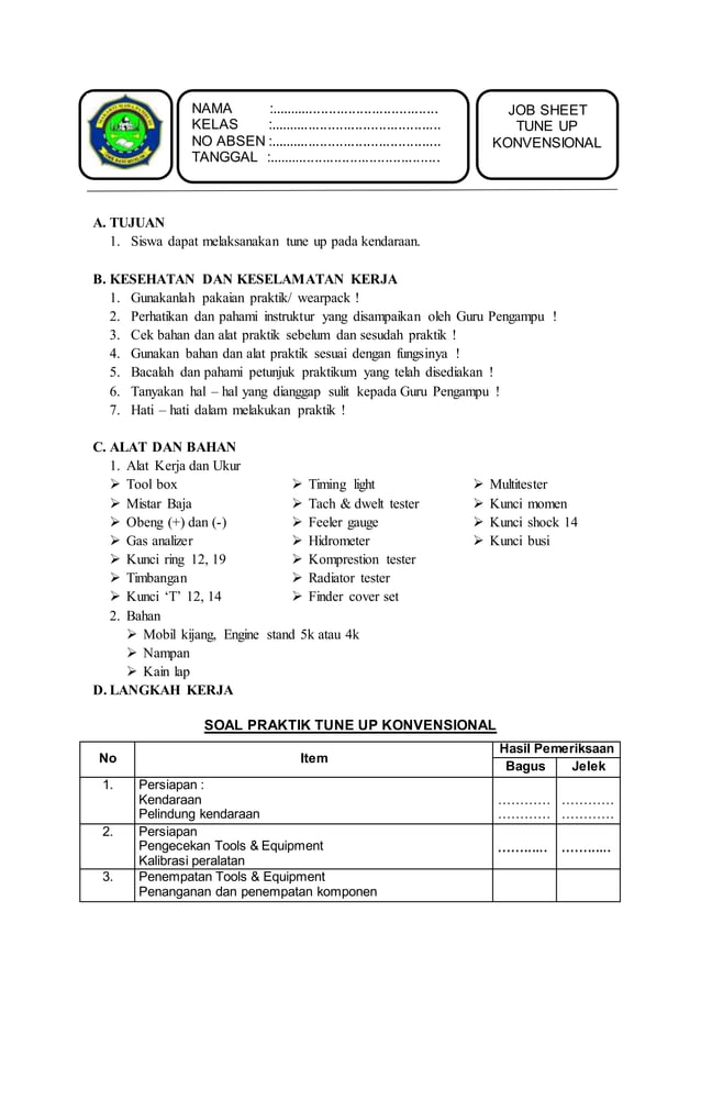 Job sheet tune up konvensional 1 | DOCX