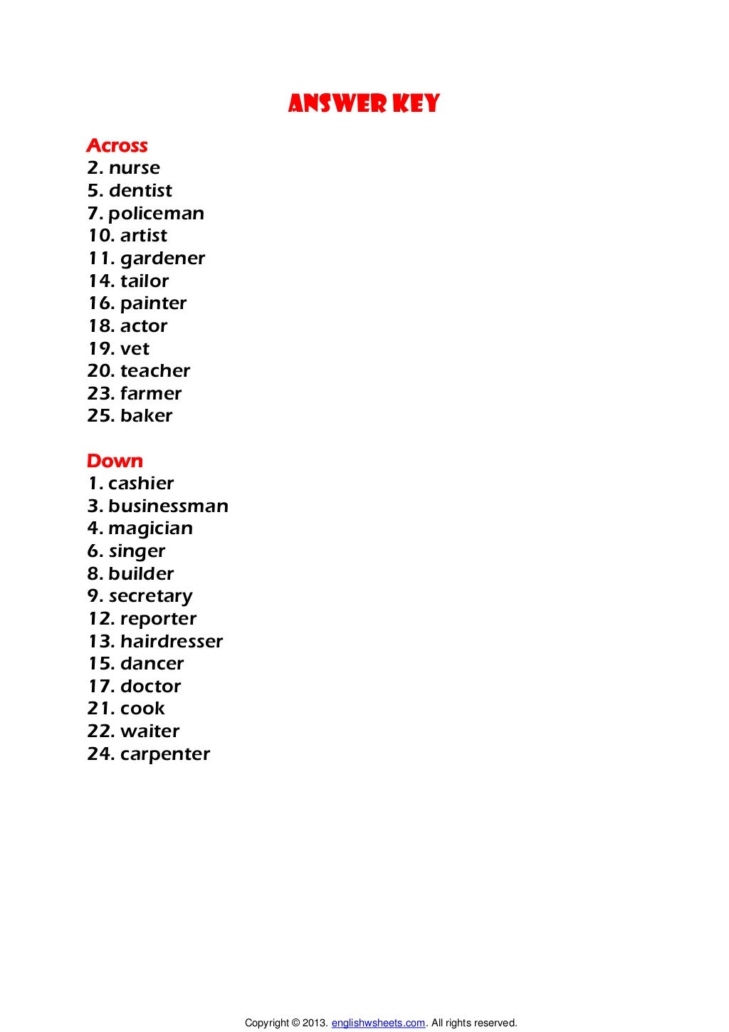 Jobs Occupations Professions Criss Cross Crossword Puzzle Vocabulary Jobs Occupations Professions Criss Cross Crossword Puzzle Vocabulary