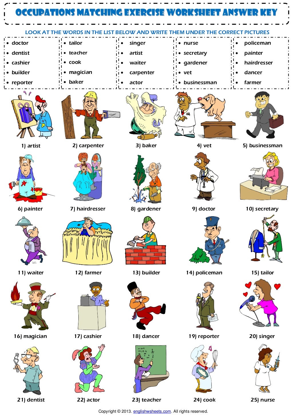 Jobs Occupations Professions Vocabulary Matching Exercise Worksheet Jobs Occupations Professions Vocabulary Matching Exercise Worksheet