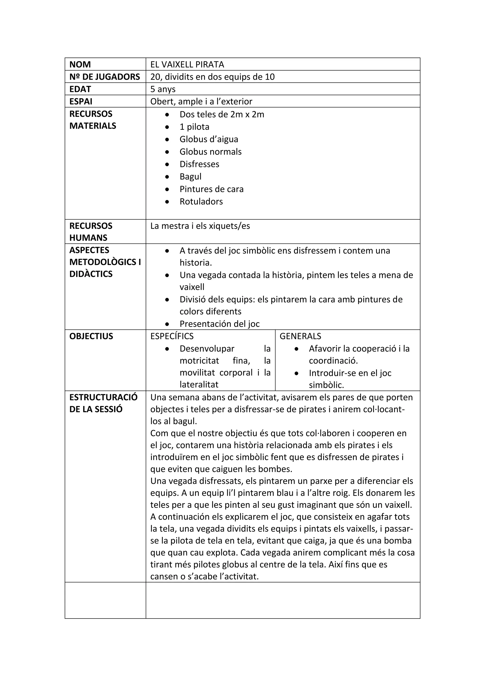 Joc cooperatiu el vaixell pirata | DOCX