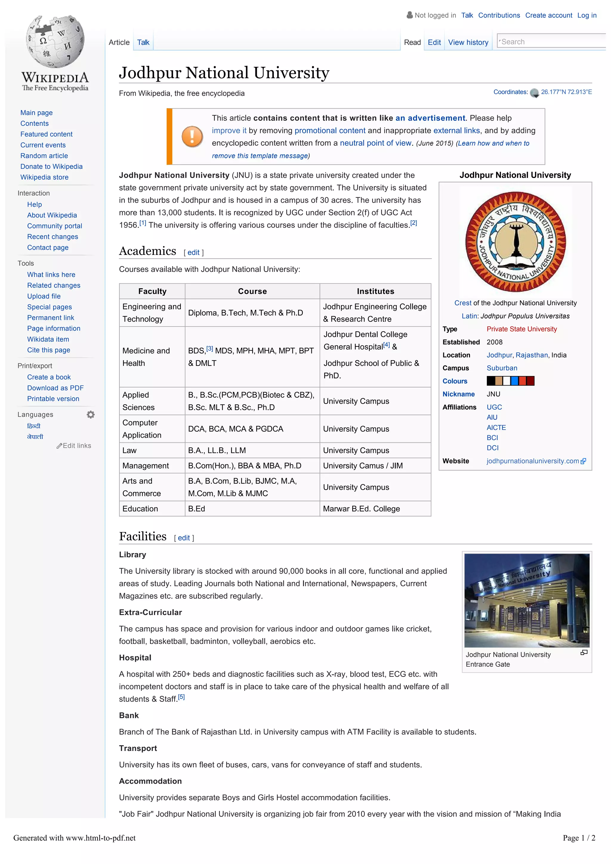 Jodhpur national university wikipedia | PDF