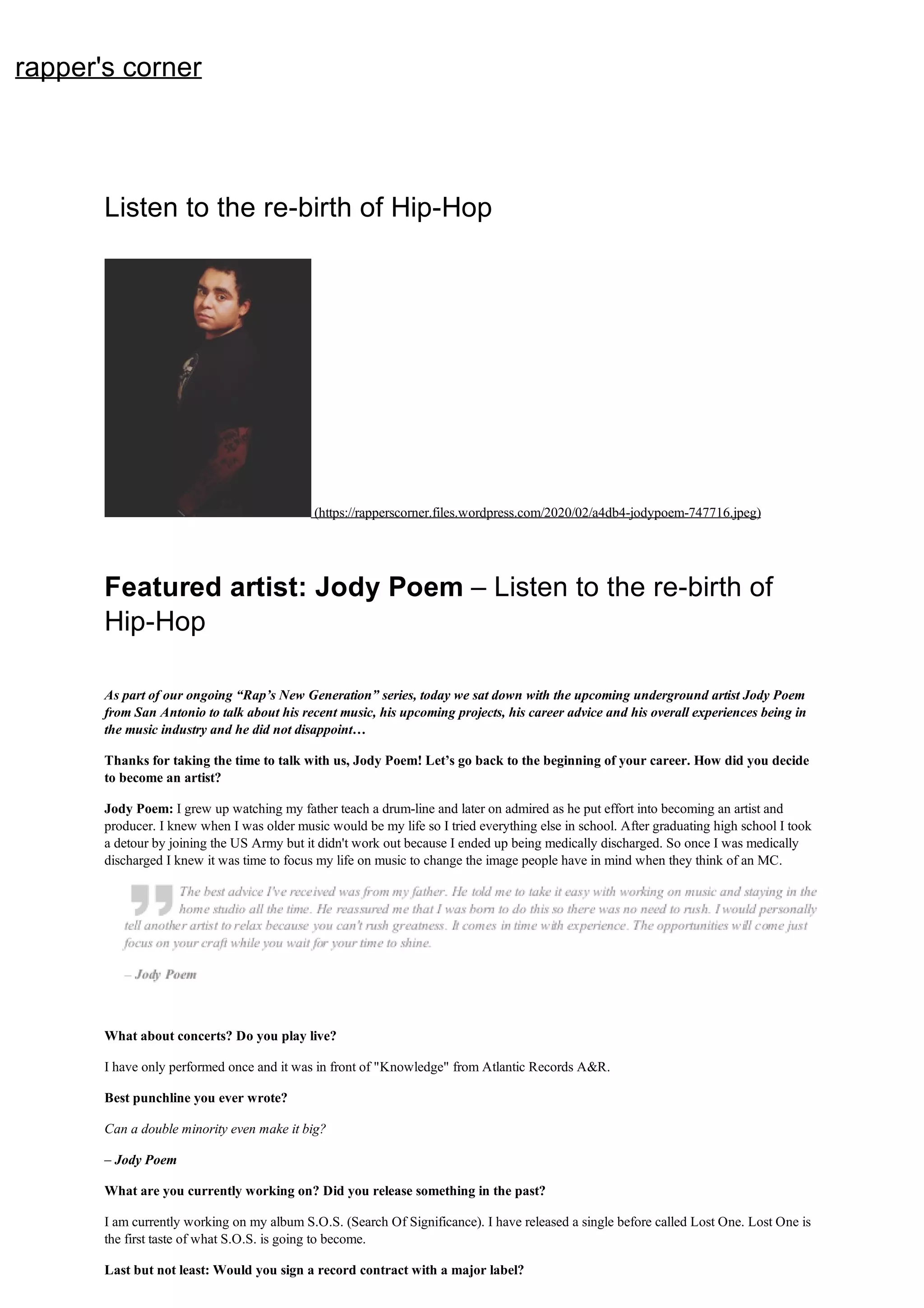 Featured Artist: Jody Poem - Listen to the Re-birth of Hip-Hop | PDF