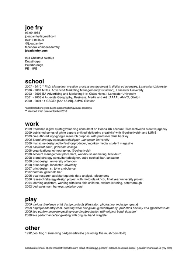 Joe Fry CV 2009 | PDF